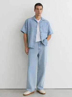 REISS Merito Denim Jacquard Short-sleeve Shirt