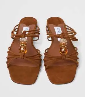 JIMMY CHOO Lova Suede Flat Mules With Beaded Straps - Brown