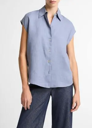 Vince Linen Cap-sleeve Button-front Blouse - Azul