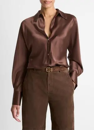 Vince Vince Silk Bias Long-Sleeve Blouse Espresso