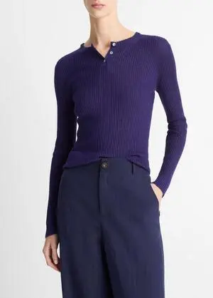 Vince Ribbed Cashmere-silk Henley Sweater - Deep Iris