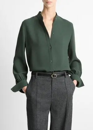 Vince Relaxed Matte Crepe Shirt With Metal Buttons - Forest