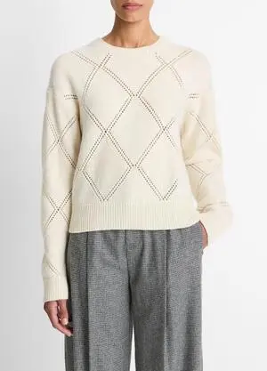 Vince Textured Argyle Italian Wool Crewneck Sweater - Cream