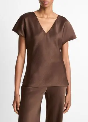 Vince Satin V-neck Blouse With Cap Sleeves - Espresso