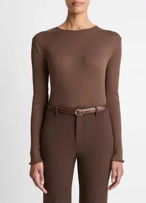 Vince Ruffled-edge Pima Cotton Long-sleeve T-shirt - Espresso