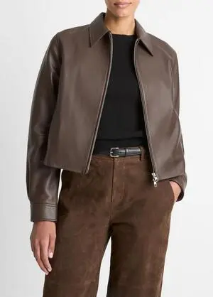 Vince Cropped Lambskin Leather Zip-front Jacket - Chocolate