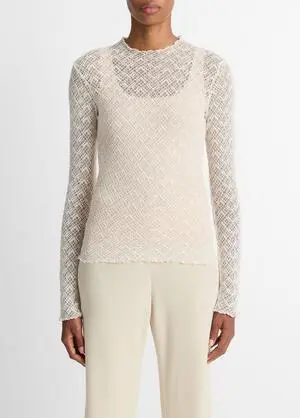 Vince Cotton-blend Diamond Lace Mock Neck Long Sleeve Top - Alabaster