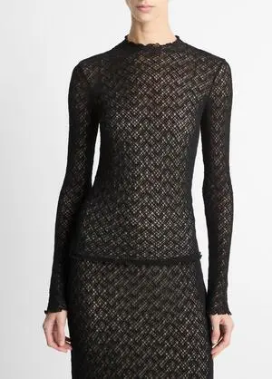 Vince Cotton-blend Diamond Lace Mock Neck Long Sleeve Top - Black