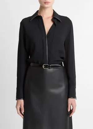 Vince Faux-leather Trim Crepe Button-front Shirt - Black