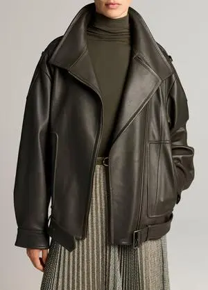 Vince Leather Oversized Biker Jacket - Deep Forest