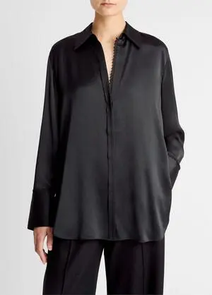 Vince Lace-trimmed Silk Relaxed Shirt - Black