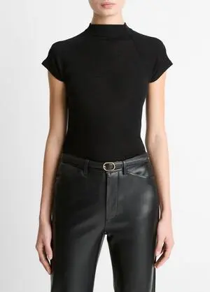 Vince Wool Raglan Cap-sleeve Mock Neck Top - Black
