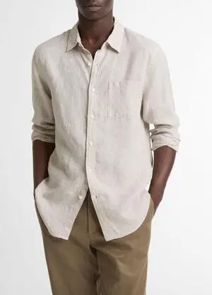 Vince Houndstooth Linen Button-front Shirt - Teak/optic White