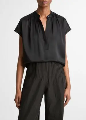 Vince Silk Gathered Cap-sleeve Blouse - Black