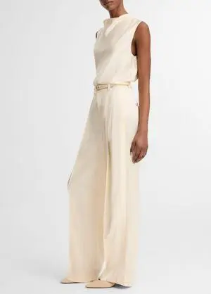 Vince Satin Wide-leg Pleated Trousers With Matte Stripe Detail - Flax