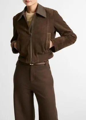 Vince Suede Shrunken Bomber Jacket With Leather Trim - Willow