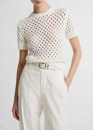 Vince Honeycomb Italian Cotton & Linen-blend Short-sleeve Sweater - Optic White