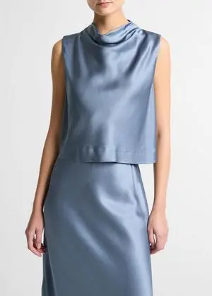 Vince Satin Cropped Cowl Neck Top - Azul