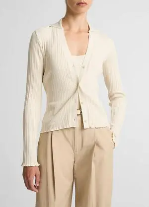 Vince Variegated Rib Cotton-blend Polo Top - Flax