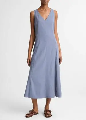 Vince Linen-blend V-neck Midi Dress - Azul