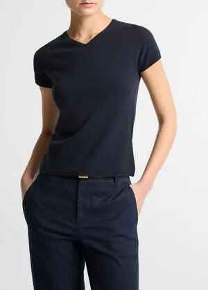 Vince Wool & Cashmere-blend High V-neck Short-sleeve Sweater - Eclipse