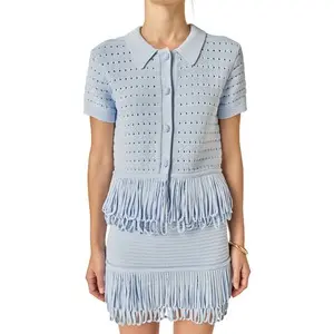 English Factory Fringe Trim Knit Button-up Top