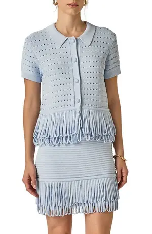 English Factory Fringe Trim Knit Button-up Top