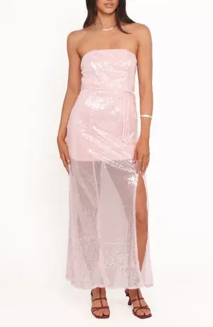PETAL & PUP Strapless Sequin Maxi Dress With Sheer Skirt And Slit - Pink Sequin
