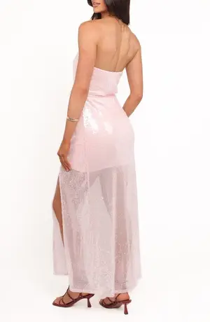 PETAL & PUP Strapless Sequin Maxi Dress With Sheer Skirt And Slit