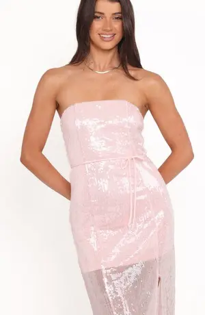PETAL & PUP Strapless Sequin Maxi Dress With Sheer Skirt And Slit