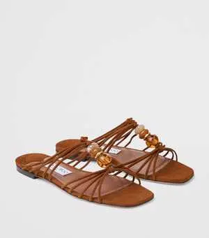 JIMMY CHOO Lova Suede Flat Mules With Beaded Straps - Brown