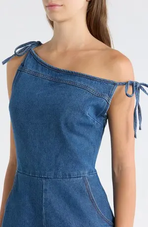 PETAL & PUP Tatum Off-the-shoulder Denim Romper - Dark Denim
