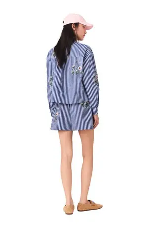 Maje Cropped Striped Shirt With Floral Embroidery And Drawstring Waist