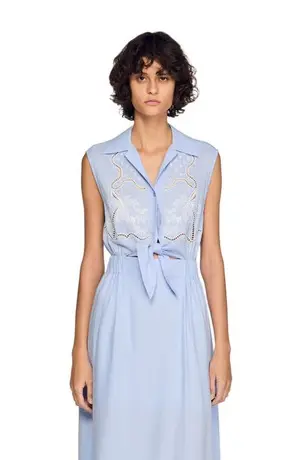Sandro Embroidered Linen Maxi Dress - Sky Blue