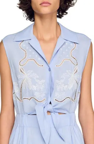 Sandro Embroidered Linen Maxi Dress - Sky Blue
