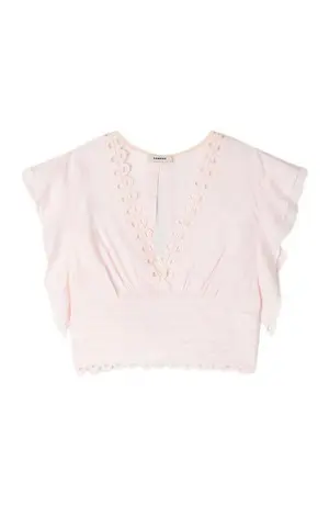 Sandro Floral Jacquard Crop Top With Ruffled Sleeves