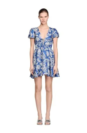 Sandro Short Floral Print V-neck Dress