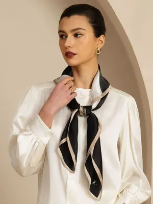 SILKSILKY Pure Silk White Ribbon Square Scarf - Black