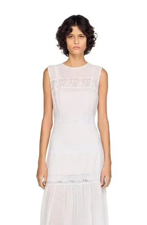 Sandro Crepon Maxi Dress With Lace Trim
