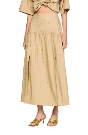 Sandro Long Rhinestone Embellished Cotton Skirt - Beige