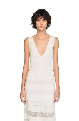 Sandro Pointelle Knit V-neck Maxi Dress - White
