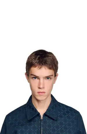 Sandro Square Cross Jacquard Denim Jacket - Navy Blue