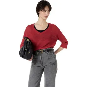Gerard Darel 3/4 Sleeve V-neck Knit Top - Red