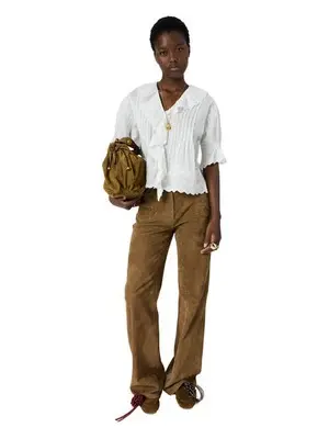 Gerard Darel Embroidered Ruffle Detail Cotton Voile Shirt - White