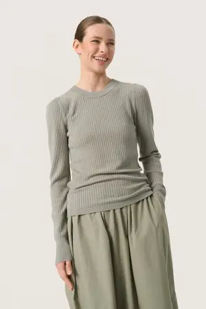 SOAKED IN LUXURY Slim Fit Crew Neck Pullover With Striped Hole Pattern - Shadow