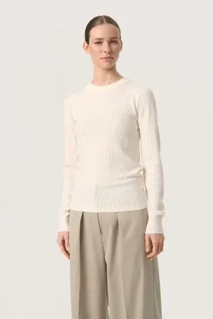 SOAKED IN LUXURY Slim Fit Crew Neck Pullover With Striped Hole Pattern - Whisper White