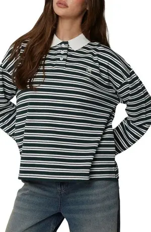 GOOD FOR NOTHING Long Sleeve Striped Polo - Green