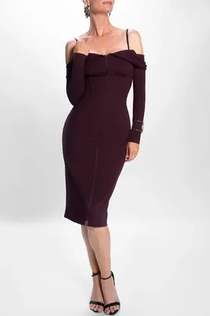 TA3 Mega Sculpting Off-the-shoulder Long Sleeve Midi Dress - Garnet