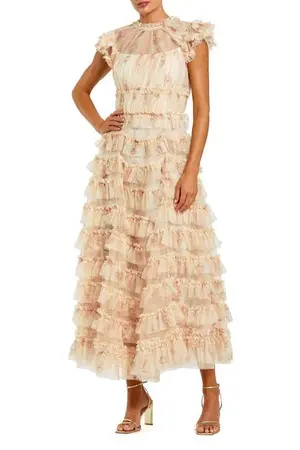 Mac Duggal Beaded Short Sleeve Crew Neck Sheath Midi Dress