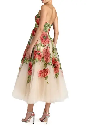 Mac Duggal Embroidered Mesh Strapless A-line Midi Dress